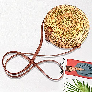 DODOPEN Crossbody Bags for Women,100% Natural Handwoven Round Rattan Bag Straw Bags Satchel Shoulder Leather Strap Natural Chic
