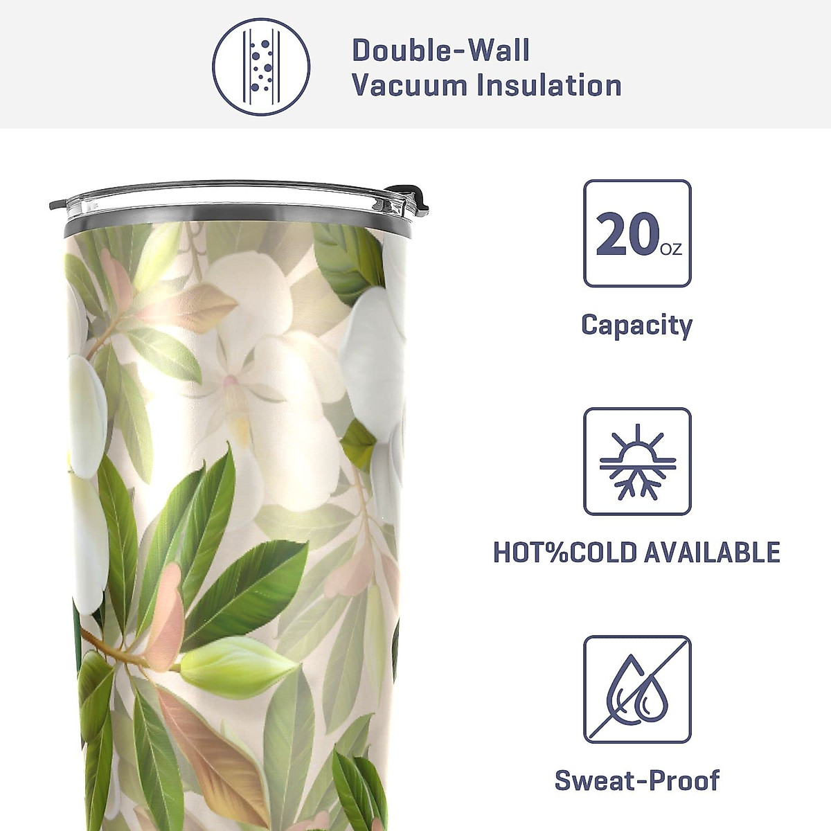 susiyo White Magnolia Flowers Insulated Cup 20 oz Double Wall Vacuum Stainless Steel Coffee Mug for Car