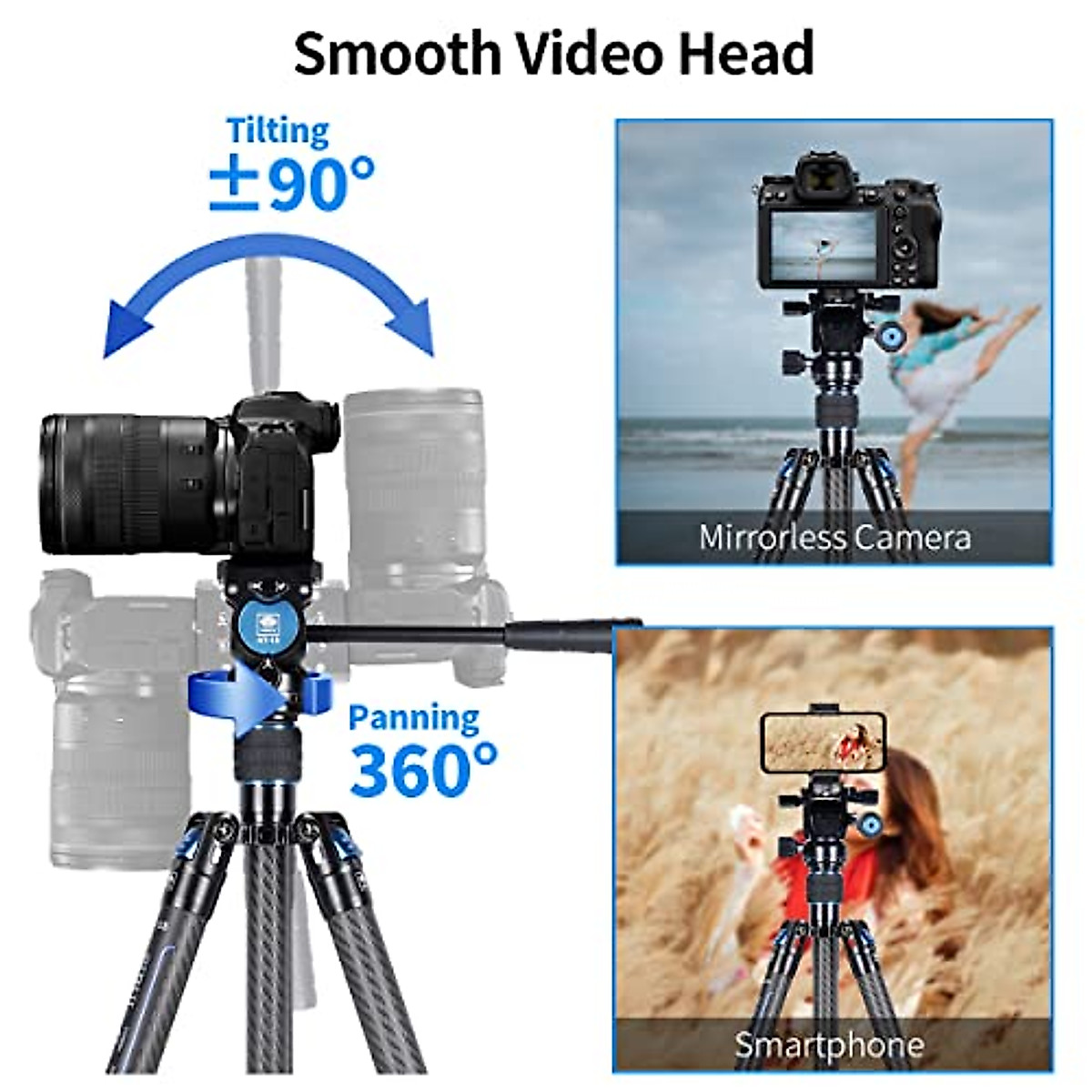 SIRUI Carbon Fiber Tripod Lightweight 2lbs with Panoramic Video Head, 59.8” Compact Camera Tripod Quick Release Leg Setup, Reversible Center Column, Reverse Folding Legs, Max Load 11lbs - Traveler X