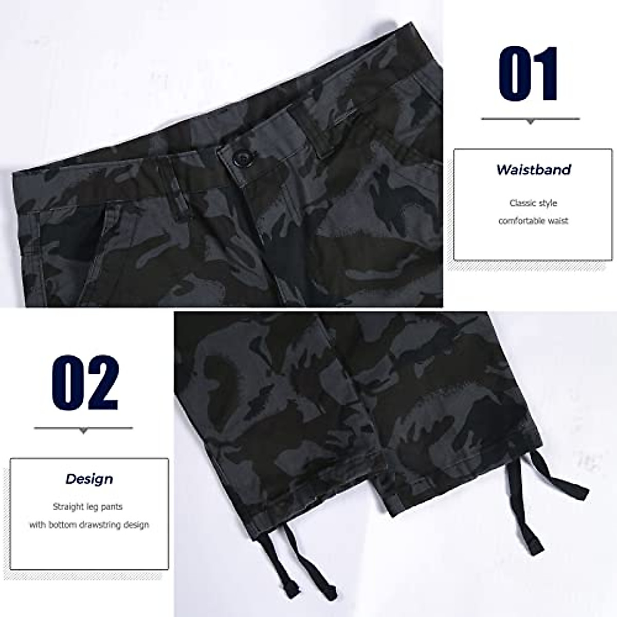 zeetoo Mens Relaxed-Fit Cargo Pants Multi Pocket Military Camo Combat Work Pants #03 Black 38