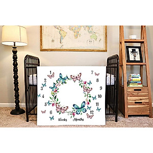 LUCKBTY Monthly Baby Milestone Blanket | Butterfly Photography Blanket with Floral Wreath & Frame Newborn Nursery Swaddle Toddler Blanket 48"x40" BTZDLU139