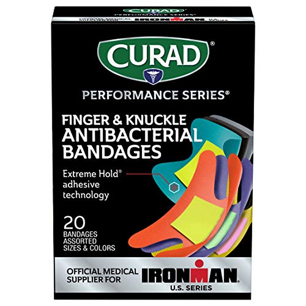 Curad Performance Series Ironman Fingertip and Knuckle Antibacterial Bandages, Extreme Hold Adhesive Technology, Fabric Bandages, 20 Count