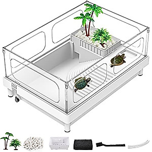 MoonOrange Small Turtle Tank, Turtle Aquarium, Acrylic Turtle Terrarium with Basking Platform, Bottom Drainage, Multi-Function Areas for Turtles, Crabs, Crayfish, Small Reptiles. (White Tank)