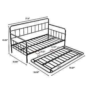 Oudiec Twin Size Metal Daybed with Trundle, Sofa Bed Frame Steel Slat Support for Teenagers/Adult Bedroom, Space Saving Design & No Box Spring Needed, Black