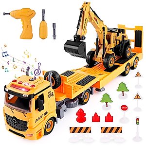 106 PCS Take Apart Trailer Truck & Excavator Toy Set with Electric Drill for 3-7 Year Old Boys and Girls - Friction Power Building Toy Truck Gift for Kids