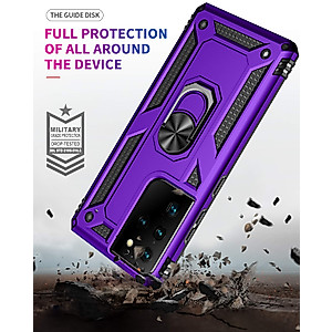 Androgate for Samsung Galaxy S21 Ultra 5G Case with HD Screen Protectors, Military-Grade Metal Ring Holder Kickstand 15ft Drop Tested Shockproof Cover Case for Samsung Galaxy S21 Ultra Purple