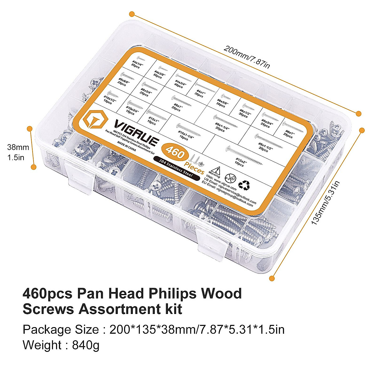 VIGRUE 460pcs Pan Head Philips Wood Screws, #4,#6,#8,#10,#12, 304 Stainless Steel Self Tapping Screw Assortment kit