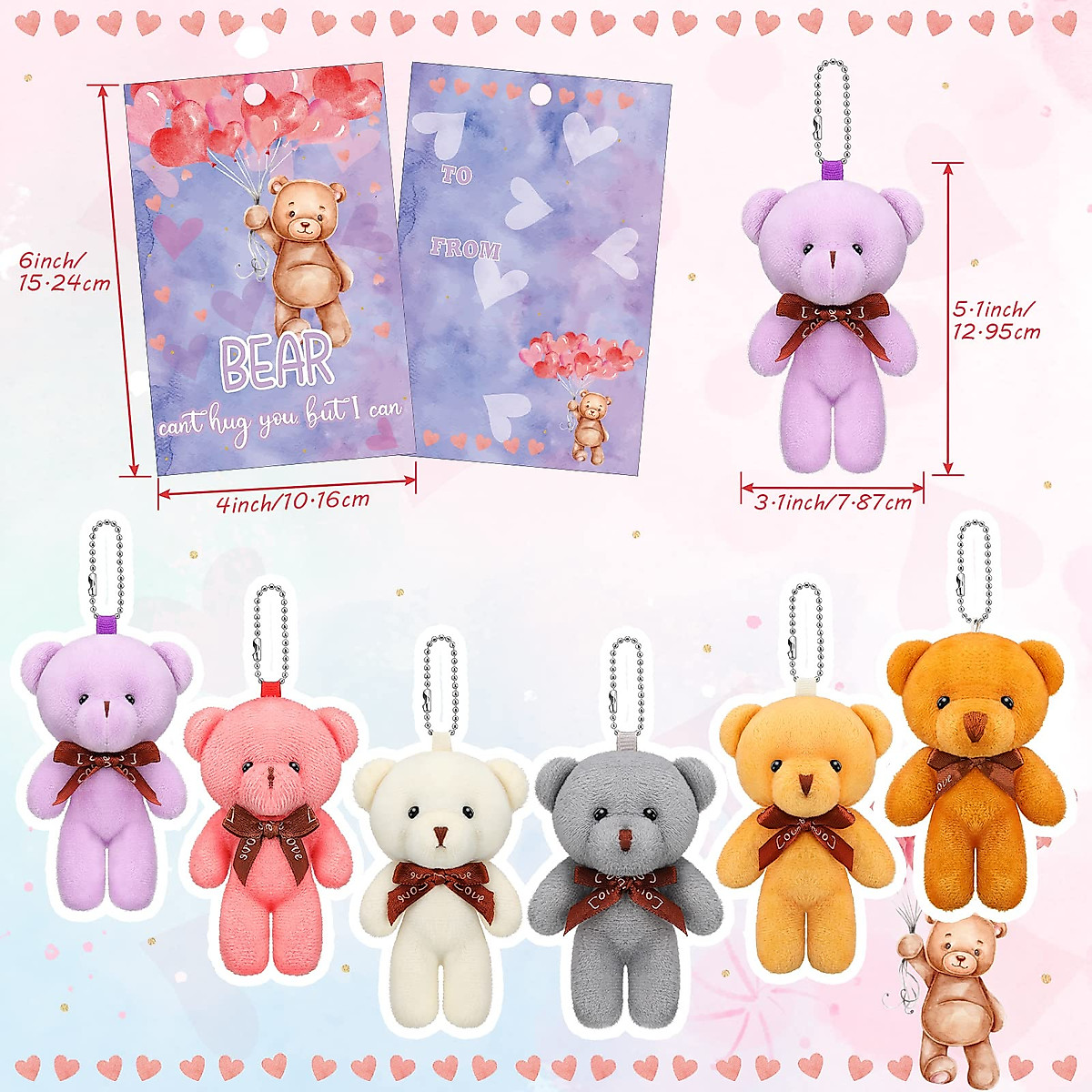 Crtiin 36 Pack Valentine's Day Gifts Cards for Kids with Mini Bears Animal Plush Toys Stuffed Keychain Bulk Valentines Classroom Exchange Card School Game Prizes Valentines Party Favors