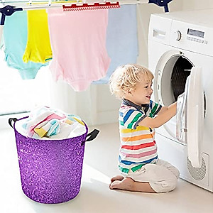 HoaMoya Collapsible Purple Glitter Dot Printed Laundry Basket Freestanding Laundry Hamper With Handles Large Waterproof Cloth Toy Storage Bin for Household Bedroom Bathroom