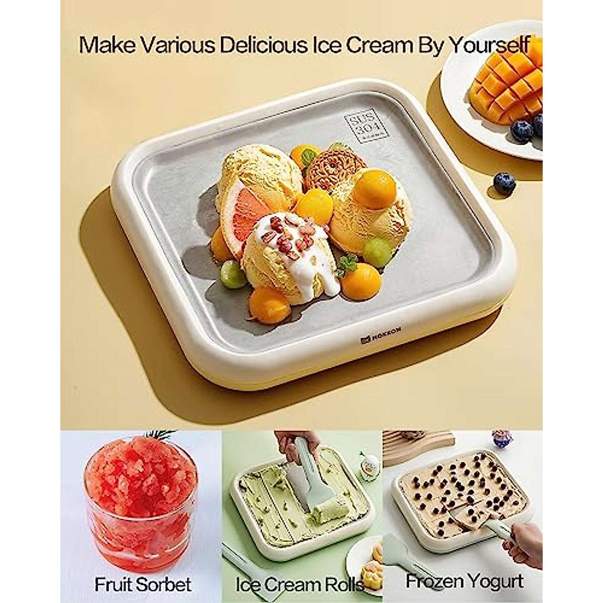 MOKKOM Ice Cream Maker, Rolled Ice Cream Maker with 2 Spatulas, Ice Cream Maker Machine for Home Kids, Frozen Fruit Ice Cream Maker Frozen Yogurt Maker Machine - Green
