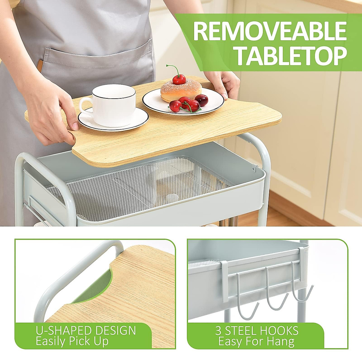 TOOLF 3 Tier Rolling Cart, Metal Utility Cart with Wheels & Wooden Top, Diaper Organizer Cart, Rolling Craft Storage Cart, Serving Trolley Cart for Kitchen, Office, Bathroom, Baby Nursery, Green