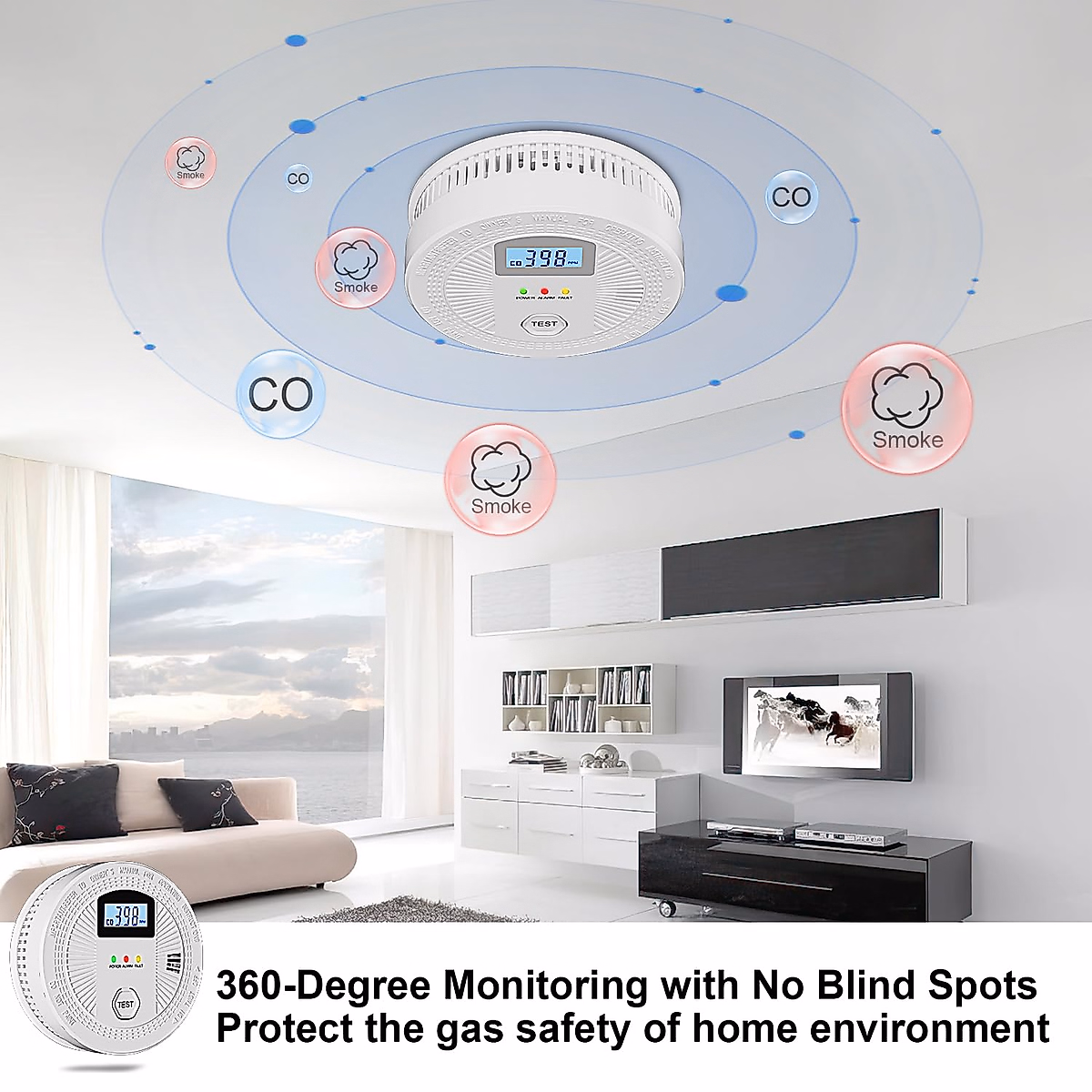 3 Pack Combination Photoelectric Smoke and Carbon Monoxide Alarm Detector with Digital Display; Battery-Operated White 907-3-Pack (JN-908)