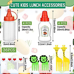 Kritkin 8 Pcs Mini Condiment Bottles Ketchup Squeeze Bottles with 36 Pcs Animal Food Picks for Kids Mini sauce Bottle Salad Dressing Container for Camping Office School Kids Bento Box Accessories