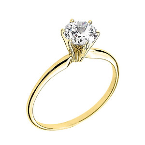 14K Yellow Gold Round Brilliant Cut Cubic Zirconia Solitaire 6 Prong Engagement Ring with Slender Band - Size 4-1/2