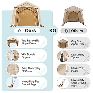 ADVANCE OUTDOOR 10x15 ft Shelter Storage Shed Steel Metal Peak Roof Anti-Snow Portable Garage Carports for Motorcycle, Boat or Garden Tools with 2 Roll up Doors & Vents, Beige, (8807BY-2)