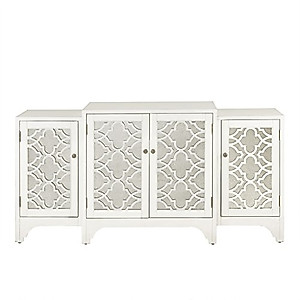 Madison Park Verona Media Console Cabinet - Modern Mid-Century, Quaterfoil Mirrored Door Design Buffet/Sideboard Accent Living Room Furniture, 68" Wide, White