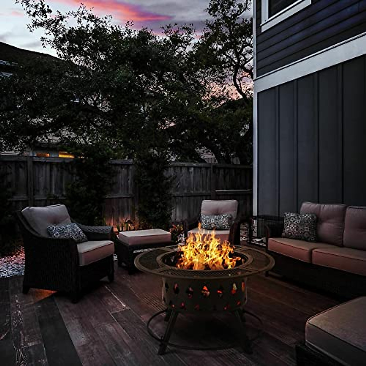 Garden Fire Pit Outdoor 32" Wood Burning Outdoor Party BBQ Fire Pit Backyard with 18.5In Cooking Grill Outdoor Portable Fire Bowl Metal Firepit