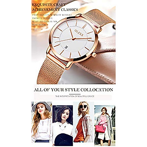 OLEVS Watches for Women Bracelet Gifts Set Ultra Thin Minimalist Fashion Rose Gold Ladies Slim Casual Dress Quartz White Face Dial Analog Date Wrist Watch Waterproof with Classic Mesh Band Golden
