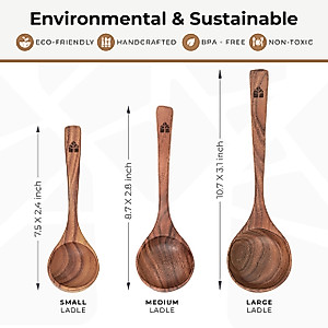 Wooden Ladle Spoon Set, 3 Size Teak Wood Kitchen Serving Spoon with Back Hooks for Pot & Bowl, Non-Stick Wooden Spoon Set for Cooking, Serving and Stirring