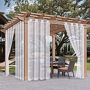 Voday (2 Panels) Waterproof Outdoor White Sheer Curtains 54x84 Inch for Patio - Rustproof Grommet Privacy Curtains with Free Tieback Rope - Light Filtering Voile Drapes for Indoor, Pergola, Porch