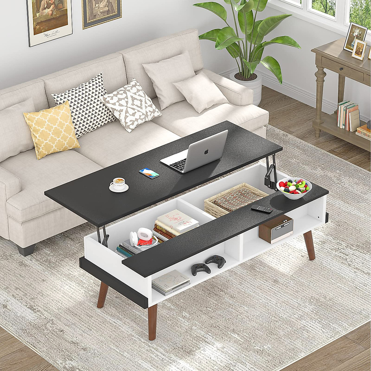 Aheaplus Lift Top Coffee Table Wood Pop Up Coffee Table with Storage Shelf for Living Room, Home Office, Black