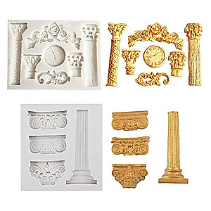 Set of 2 Roman Column Silicone Fondant Mold Greek Marble Pillars Bas Relief Retro European Pattern Clock Gumpaste Chocolate Candy Mold Cake Decorating Tool