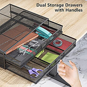 WALI Metal Mesh Monitor Riser Desktop Stand with Storage Drawers for Computer, Laptop, LED, LCD, OLED Flat Screen Display, and Printer (STT006-B), Black