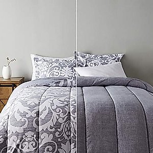 Amazon Basics Ultra-Soft Lightweight Microfiber Reversible Comforter Bedding Set, King, Gray Medallion