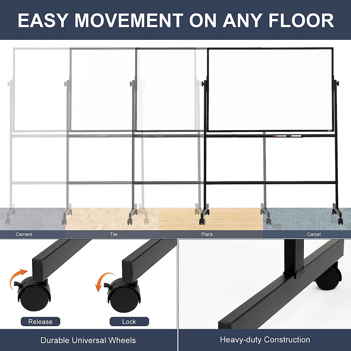 Dry Erase Board White Board - TANKEE 48 x 32 Inches Height Adjustable Rolling Mobile Whiteboard on Wheels, Large Double-Sided Reversible Magnetic White Board with Stand, for Office Classroom Home