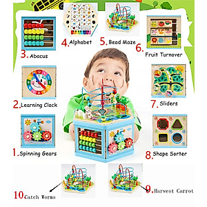 Vomocent Wooden Activity Cube for 1 Year Old Kids, Educational Learning Bead Maze for Toddler Age 1-3, Developmental Montessori Toys for 12-36 Months Boys Girls Gift