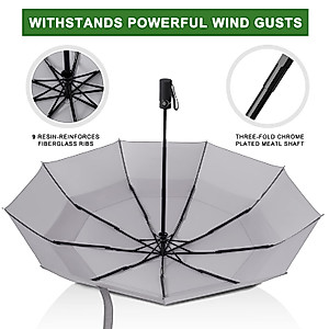 Amazon Brand - Pinzon Umbrella Compact Travel Umbrellas Strong Durable Windproof Umbrella for Rain Portable Umbrella with Teflon Coating - Reinforced Canopy, Ergonomic Handle, Auto Open/Close - Grey