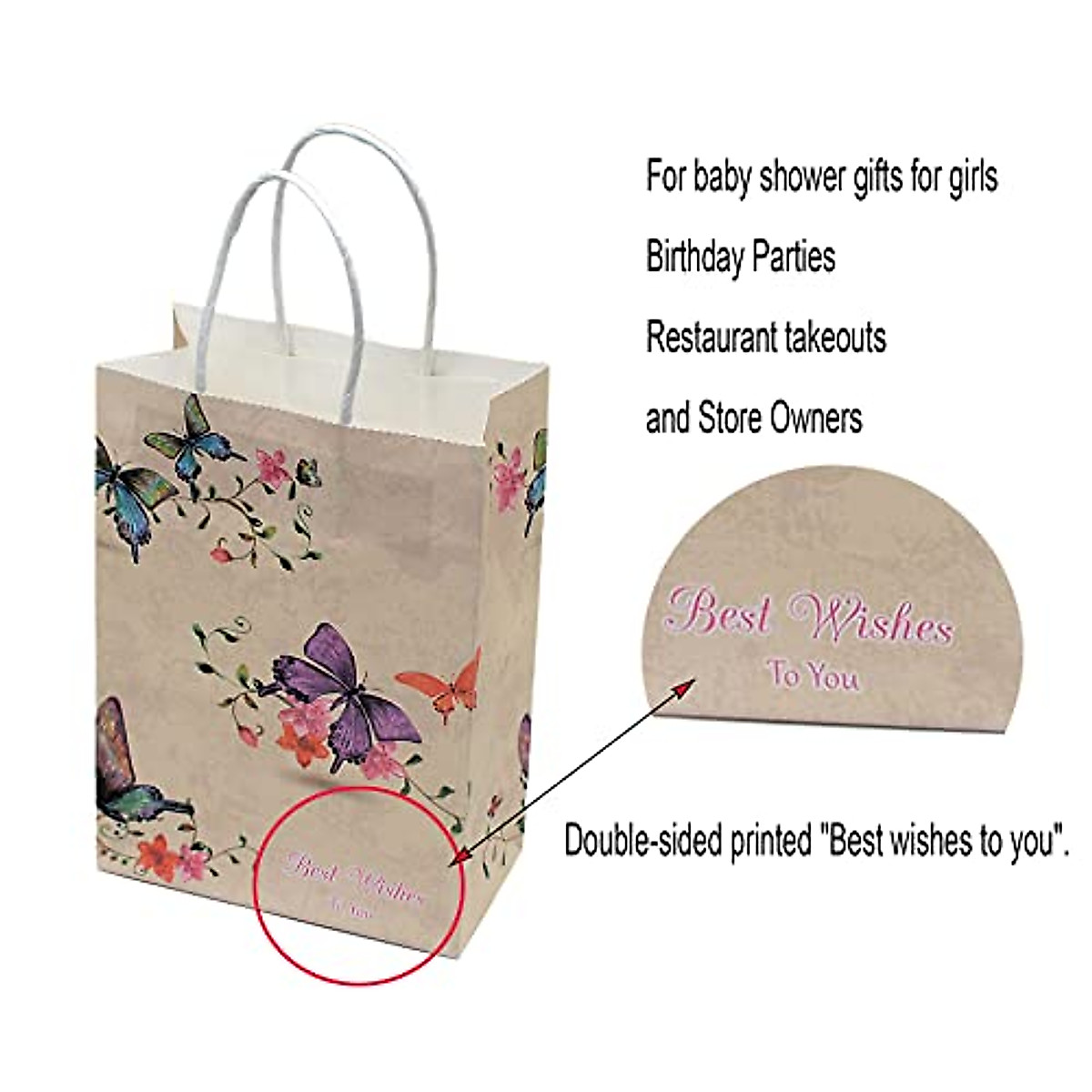 YYaaloa 20pcs Small Gift Bags Kraft Paper Bags with Handle Butterfly flower Party Favor Bags for Baby Shower Kids Birthday Wedding Xmas Party Supplies Restaurant takeouts, and Store Owners (20)