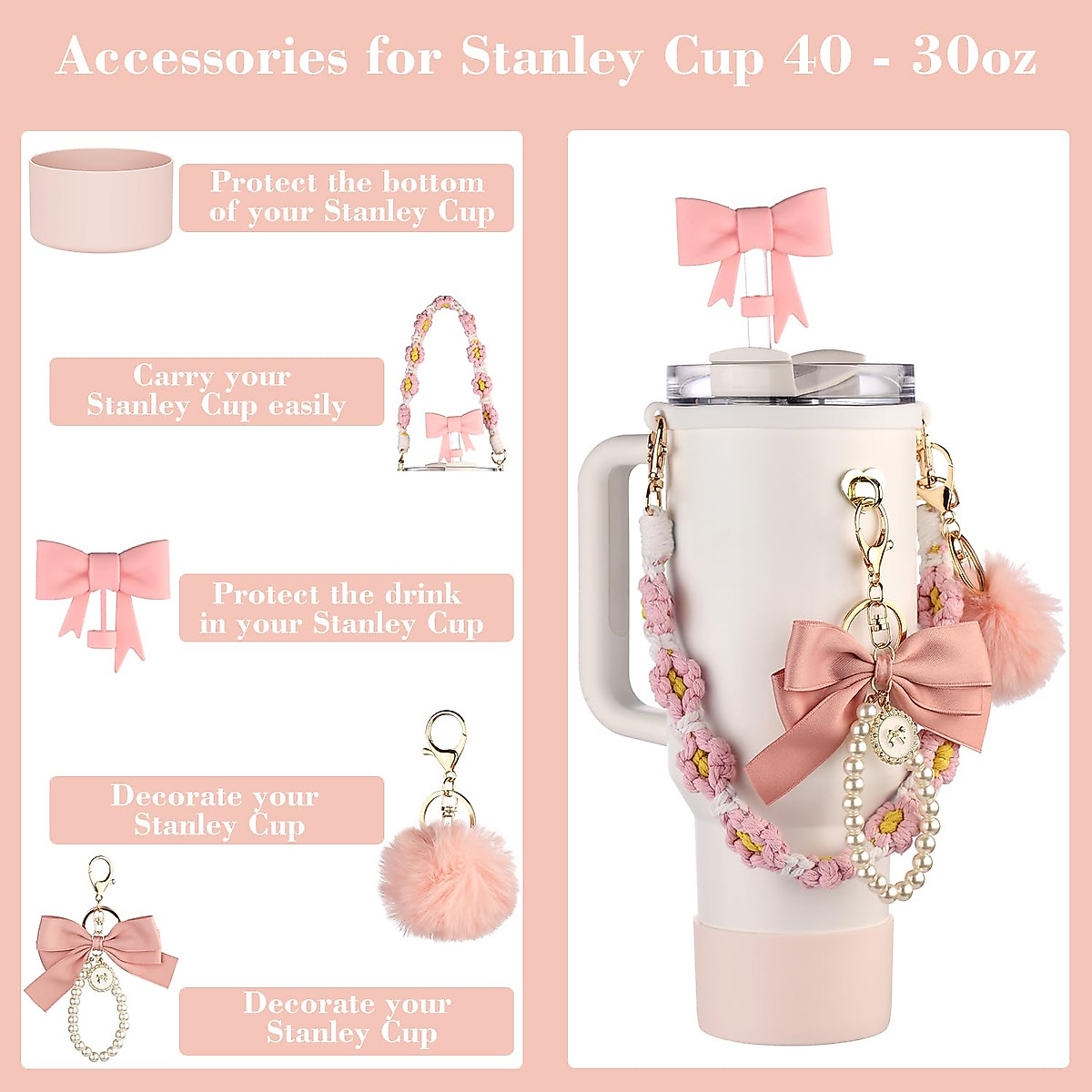 Stanley Cup Accessories Set Including Siliocne Straw Cover, Siliocne Boot, Water Bottle Handle Strap for Stanley Cup 40oz 30oz Tumbler with Handle (Pink butterflies)