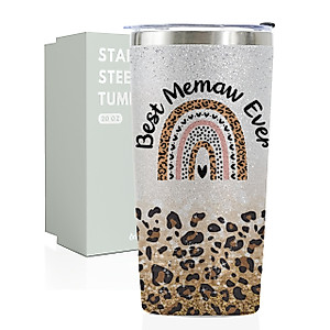Onebttl Memaw Gifts from Granddaughter, Grandson, Insulated Stainless Steel Wine Tumbler with Lid and Straw, for Grandma on Mother's Day, Birthday, Christmas, Best Memaw Ever, Glitter Silver, 20 oz