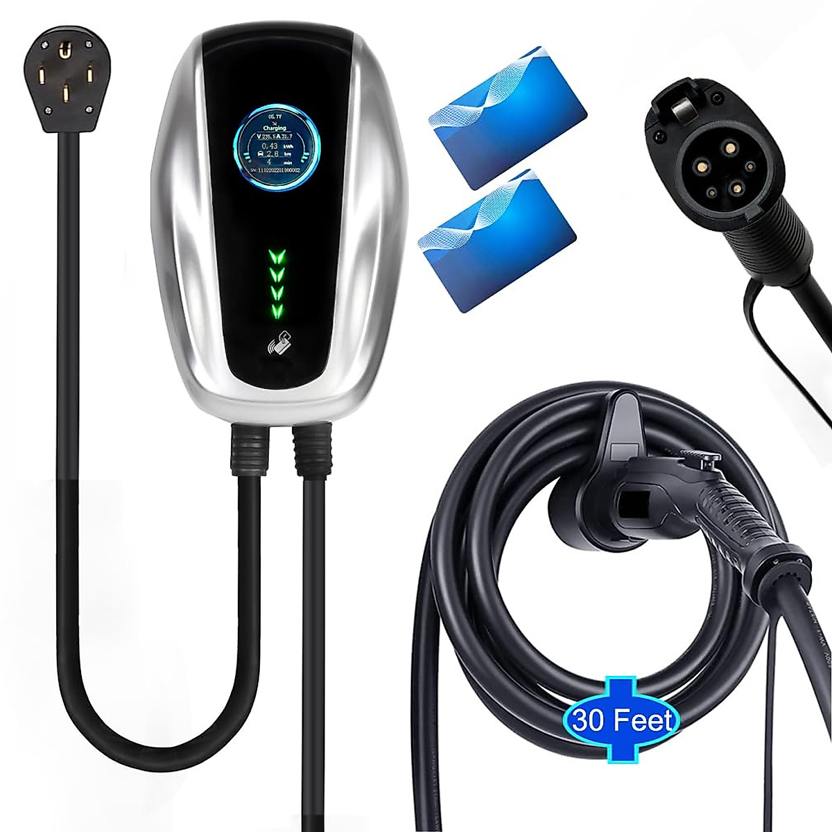 7KW 32Amps Level 2 EV Charger Station with 30TF Cable NEMA 14-50, 220-240V Input J1772 Plug Swipe Card Charging for Most Evs