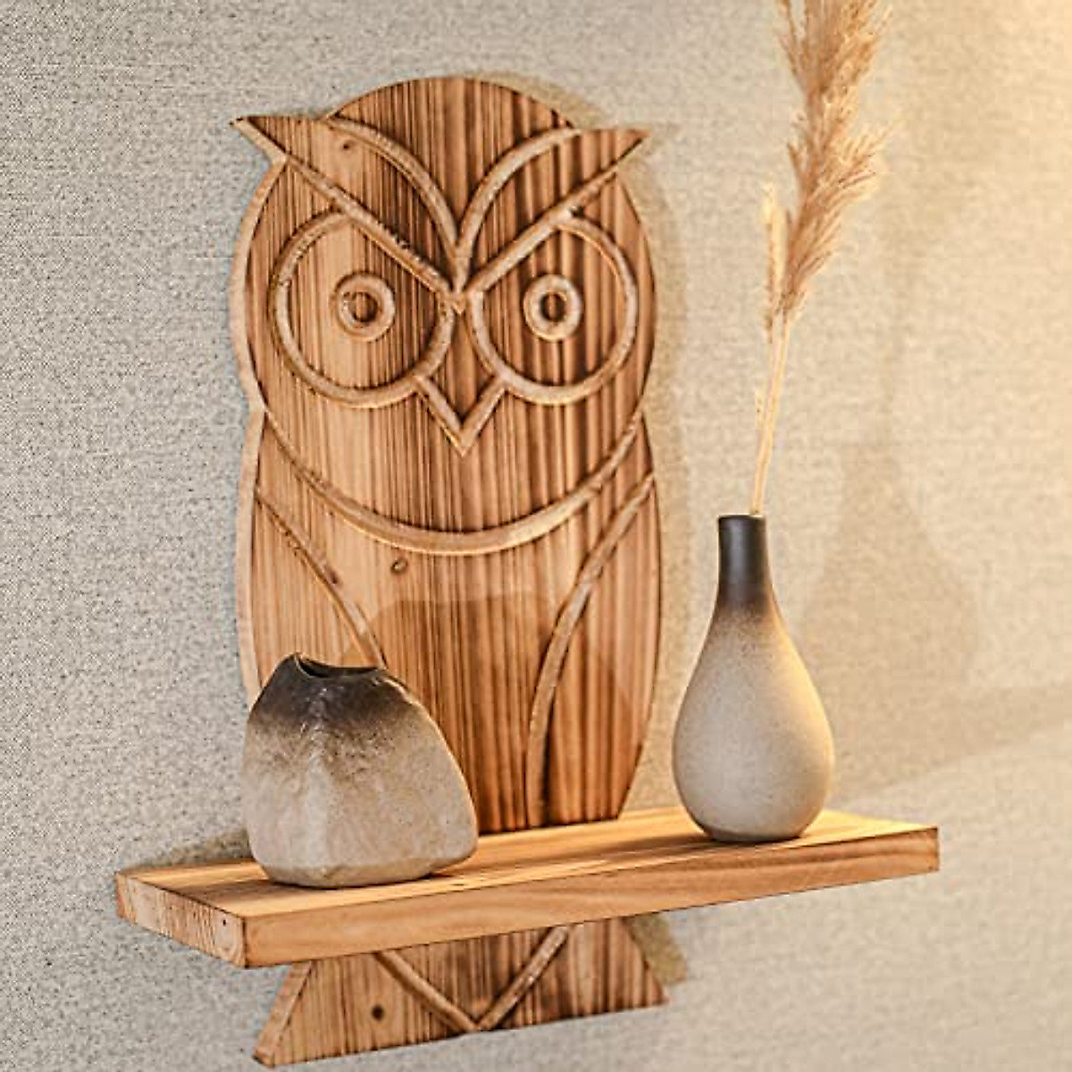 ALONLIENGU Floating Shelves Wall Mounted, Wood Hanging Shelf for Bedroom Living Room Bathroom Kitchen, Owl Animal Shape (Torched Wood)