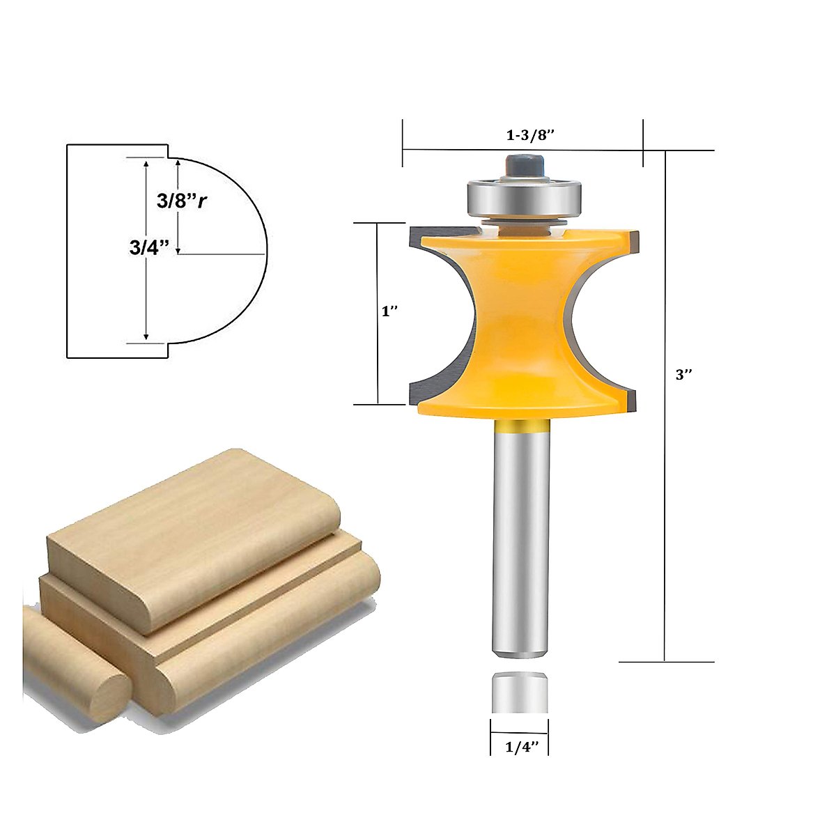 OLETBE Router Bits 1/4 Inch Shank Bullnose Bit 5PCS，Half Round Bearing Cabinet Shelf Door Edge Cutting Bits， Radius 1/8" 3/16" 1/4" 5/16" 3/8", Woodworking Milling Cutter CNC Tool(Panel)
