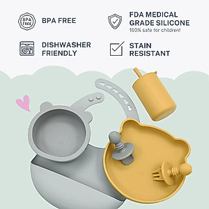 Baby Feeding Set with Reusable Wet Bag in Gift Box, Silicone Baby Led Weaning Supplies, Suction Baby Plate and Bowl Set, Food Grade Bib, Spoon, Fork, Sippy Cup, Bowl and Plate - 100% BPA Free!