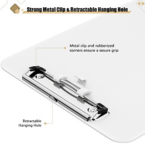 Hongri Plastic Clipboard, White Clipboard Standard A4 Letter Size Clipboards for Nurses, Students, Office and Women, Clipboard with Pen Holder and Low Profile Clip, Size 12.5 x 9 Inch, (White)
