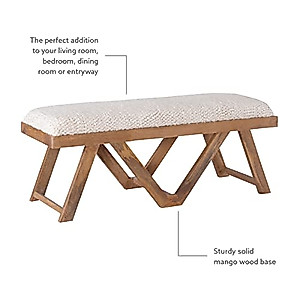 Powell Stained Mango Wood Boho White Berber Boucle Top Halco Bench, 19" Seat Height, Natural