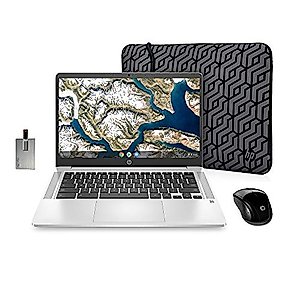 HP 2022 Chromebook Bundle 14" FHD Laptop Computer, Intel Celeron N4000, 4GB RAM, 64GB eMMC, Intel HD 600 Graphics, B&O Audio, HD Webcam, Sleeve and Mouse, Chrome OS, Grey, 32GB SnowBell USB Card