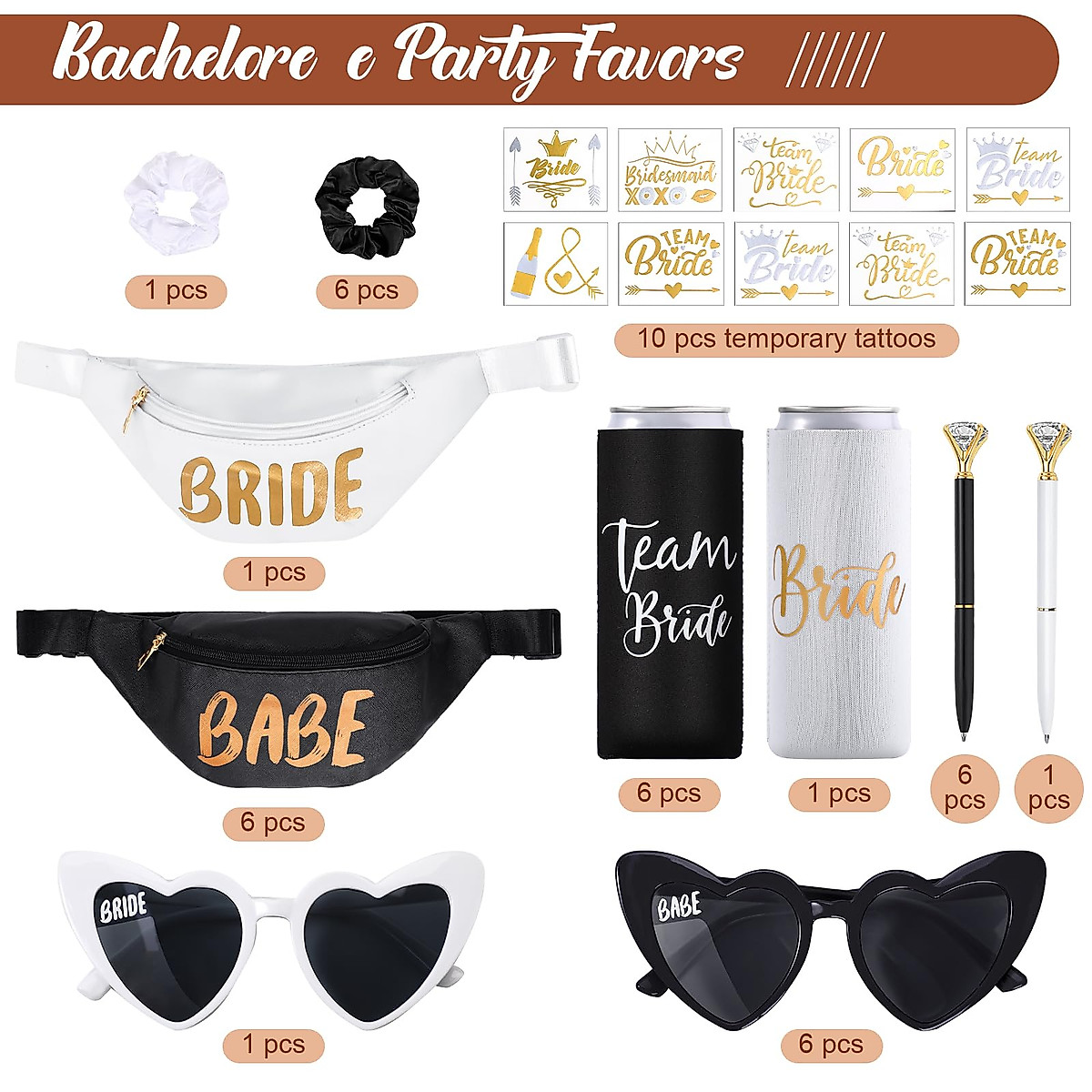 Silkfly 45 Pcs Bachelorette Party Gifts Bachelorette Fanny Pack Sunglasses Team Bride Cups Diamond Pens Scrunchies Tattoos Decoration for Bridesmaid Gifts Bridal Shower Supplies, Set of 7