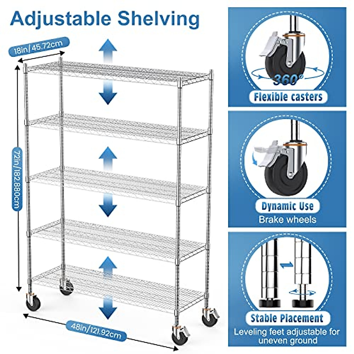Luxspire Wire Shelving with Wheels,3000LB Heavy Duty Commercial-Grade Adjustable Storage Shelves, NSF-Certified Metal Shelving Utility Rack, Kitchen Garage Basement Shelf,5-Tier 48x18x72 in, Chrome