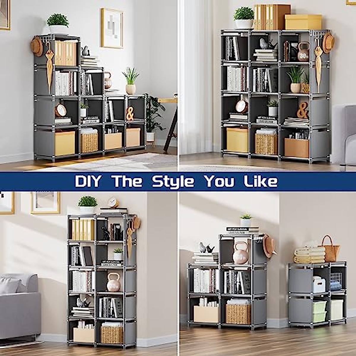 Mavivegue Book Shelf, 12 Cube Storage Organizer, DIY Bookcase, Metal Cube Bookshelf,Tall Book case for Bedroom, Living Room,Office,Closet Storage Organizer, Grey Cubicle Storage Rack