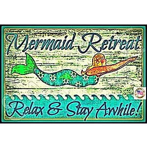 Mermaid Retreat! Made in USA! 8"x12" All Weather Metal Beach Decor Pool Hot Tub Shed Shed Lounge