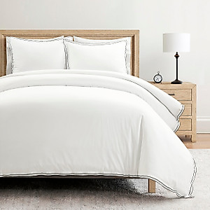 Lush Decor Hampton Double Flange Embroidered Contrast Edge Cotton Duvet Cover Set, 3 Piece Set, Full/Queen, White & Black - Hotel Bedding Set - Black Trim - White Duvet Cover - Minimalist Decor