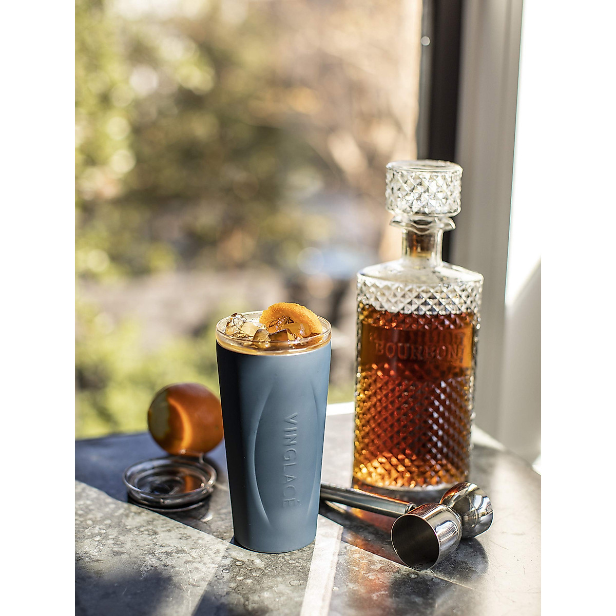 Vinglacé Stainless Steel Drink Tumbler- Insulated Hot and Cold Beverage Cup with Glass Insert and Lid, 14 oz, Navy