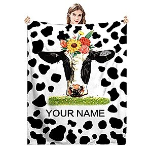 Personalized Cow Print Blanket with Name，Text Custom Cow Blanket Soft Warm Cozy Flannel Cow Print Bedding Throw Blankets for Sofa Girls Boys Adults Birthday Newborn Gifts