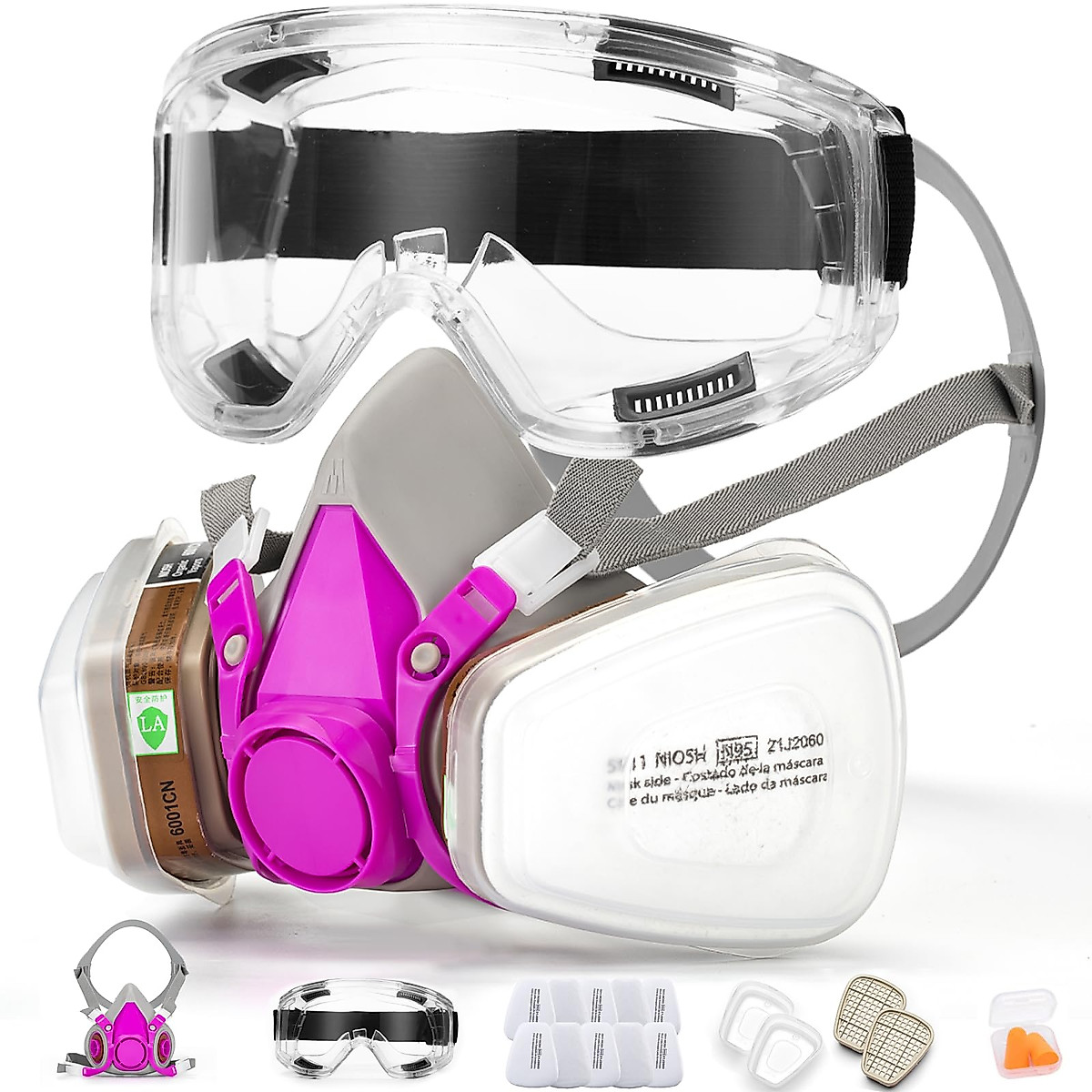 RANKSING Respirator Mask with Filters and Safety Glasses to Against Dust Gases Fumes Asbestos Chemicals while Painting Spraying Sanding Welding Construct and Work PPE 6200 Pink Medium