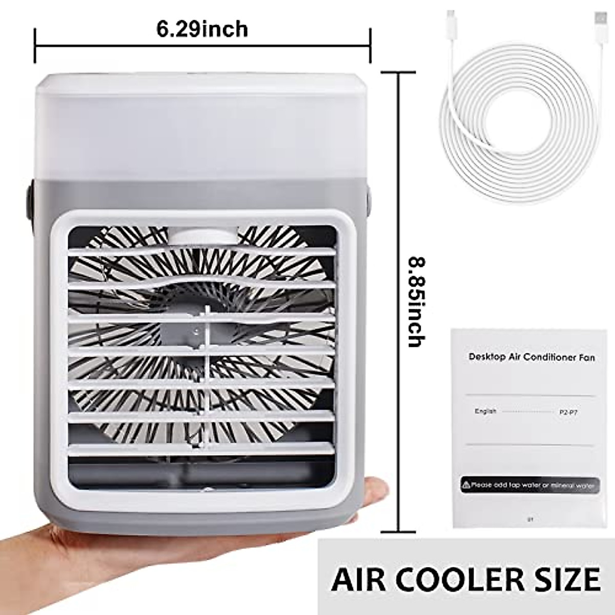 Rubtlamp Evaporative Air Cooler with 3 Speeds, 2-4H Timer Rechargeable Mini Air Conditioner,450ML Water & 7 Color Personal Air Conditioner Cooling Fan, Gray Air Cooler for Room Office Car Camping